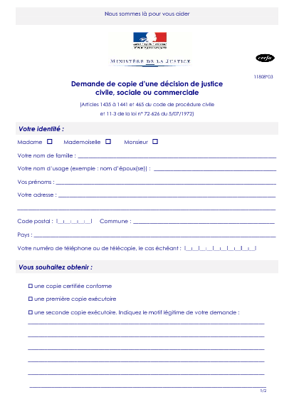 Demande de copie d'une décision de justice civile, sociale ou ... Demande de copie d'une décision de justice civile, sociale ou ...