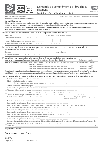 Demande du complément de libre choix d'activité (prestation d'accueil du jeune enfant ...